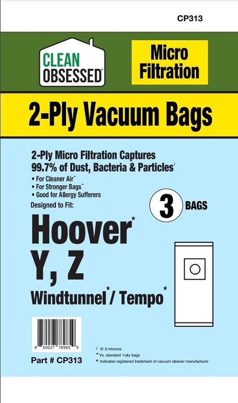 Bags, Paper, Type Y, Type Z, 3pk, Hoover Windtunnel, Tempo, Goldstar, CO