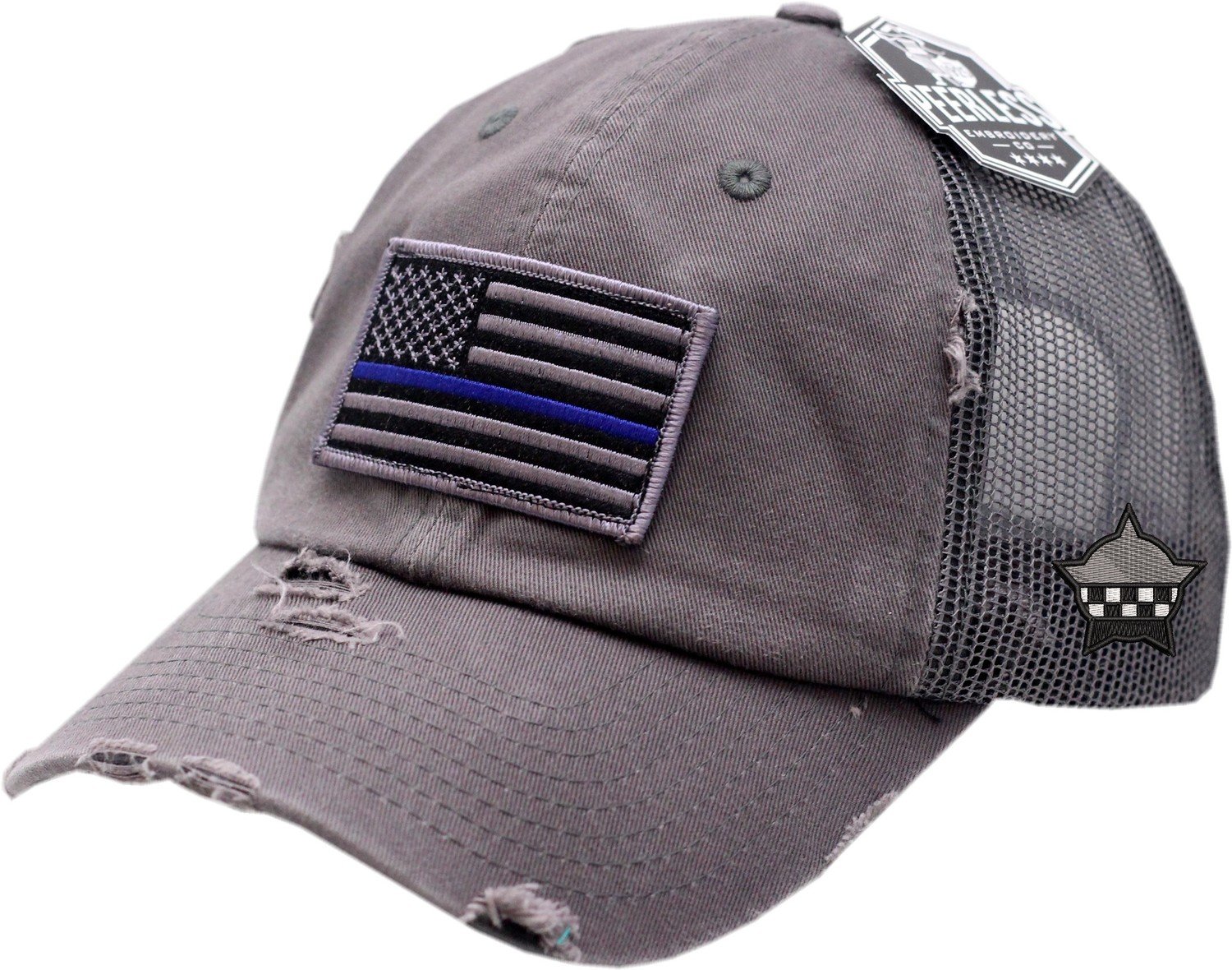 Blue Line American Flag Snapback Distressed Trucker Mesh Grey | Chicago ...