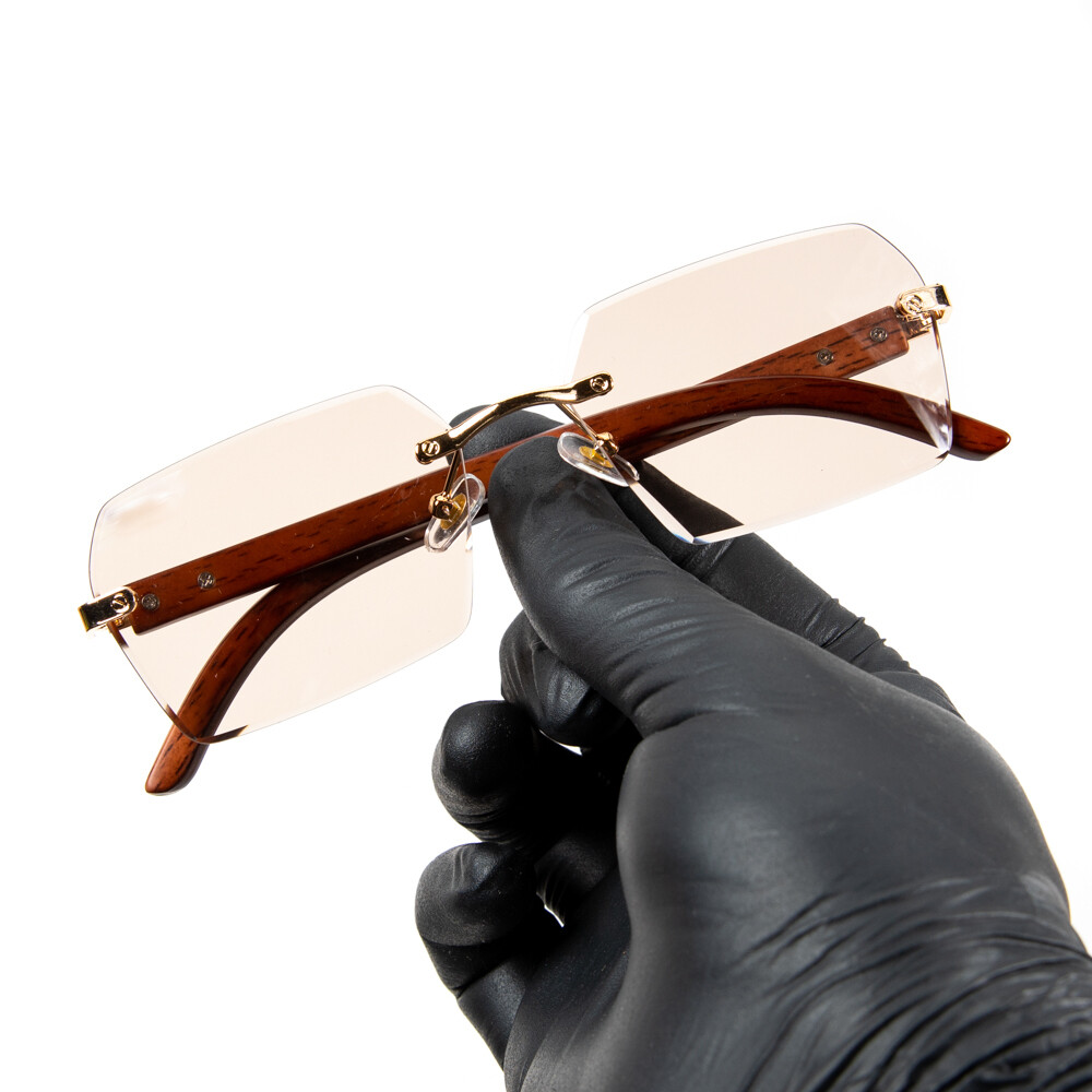 Men's Elegant Gold Frame Rimless Burgundy Tint Woodgrain Sunglasses
