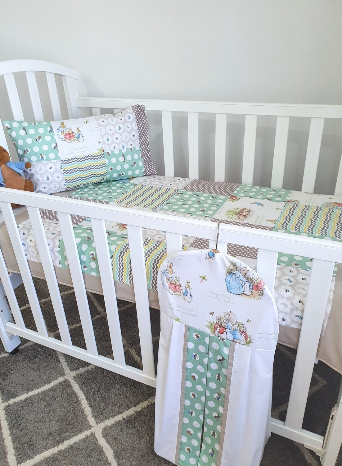 Neutral Peter Rabbit Patchwork design Cot bedding set + Nappy Stacker ...