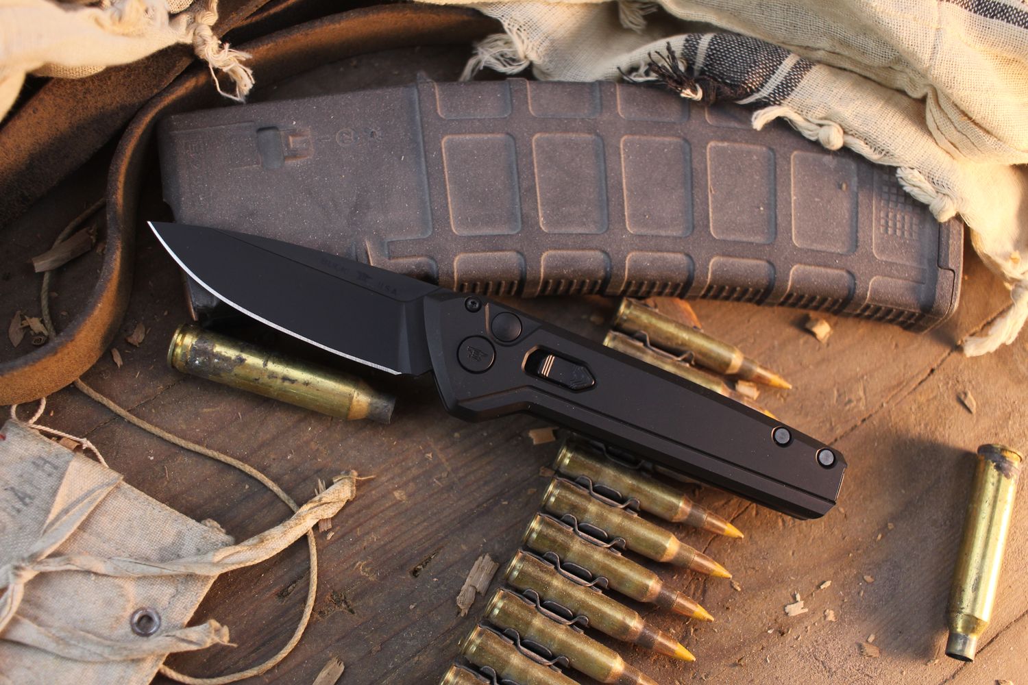 Buck 838 Deploy 3.25" Button Lock Auto Folder / Black Aluminum / Black ...