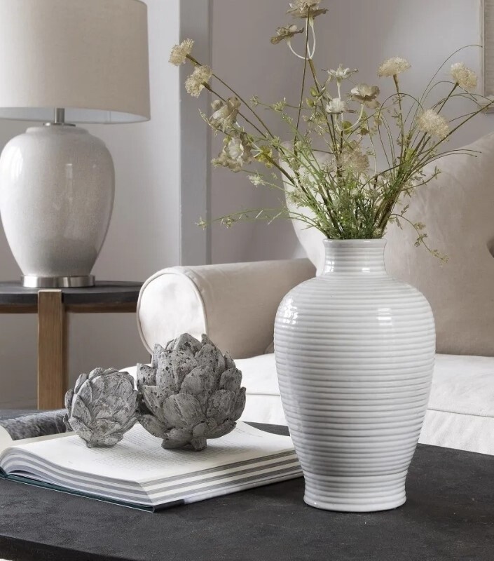 WHITE RIBBED STONE VASE
