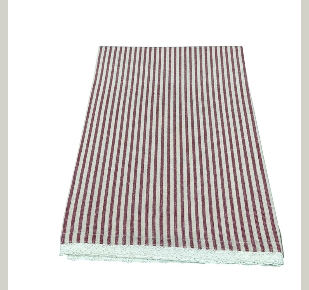 PINSTRIPE RED AND WHITE TABLECLOTH WITH LACE EDGE