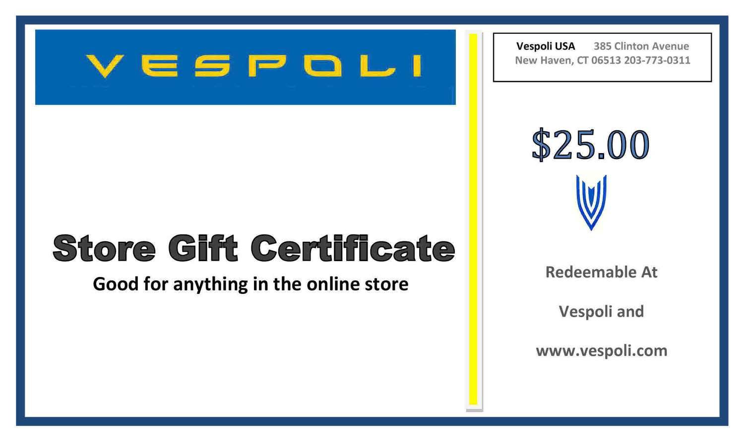 Vespoli Store Gift Certificate