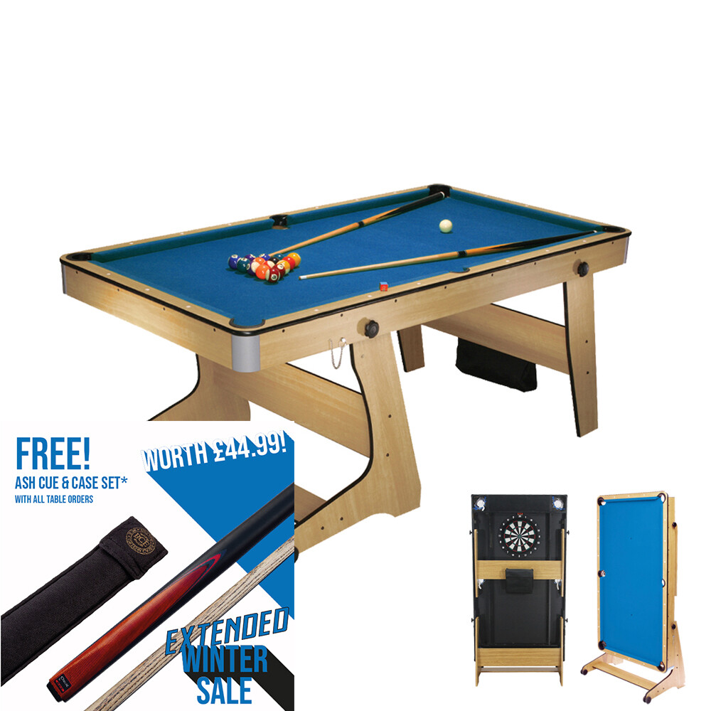 BCE Folding 3 in 1 Pool Table - Blue Cloth/ Beech Finish 6ft with Table ...