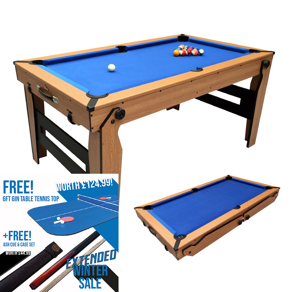 BCE Folding Pool Table - Blue Cloth/ Oak Finish 6ft - Folds Flat