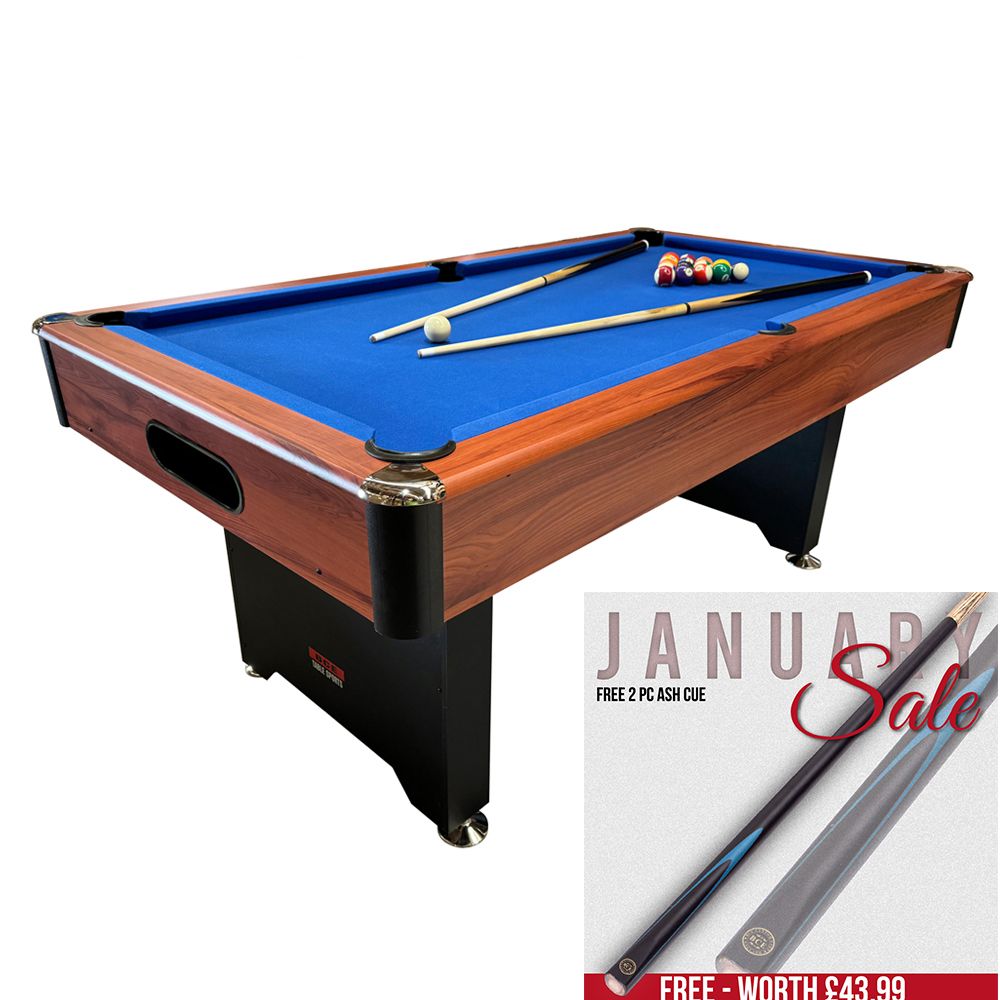 BCE 6ft American Pool Table Black Wood Effect with Blue Cloth Fixed Leg Ball Return System