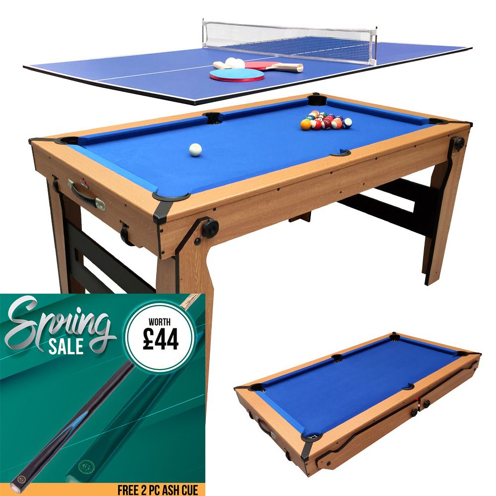 BCE Folding 2 in 1 Pool Table - Blue Cloth/ Oak Finish 5ft with Table ...