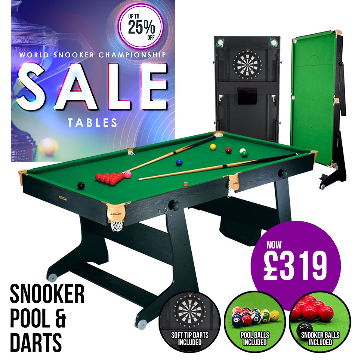 Riley Folding Snooker Table - 6ft - 3 in 1 - snooker, pool, darts ...