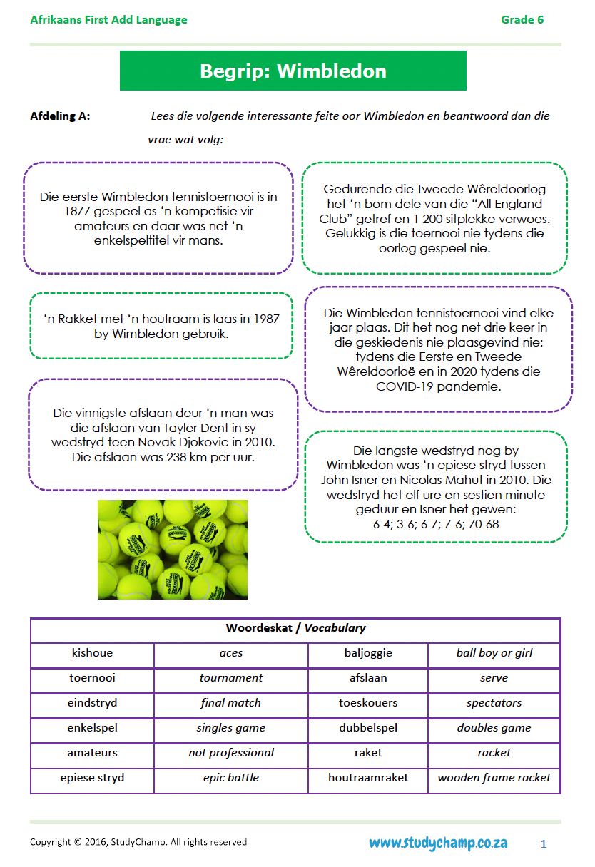 Grade 6 Afrikaans Begrip: Wimbledon