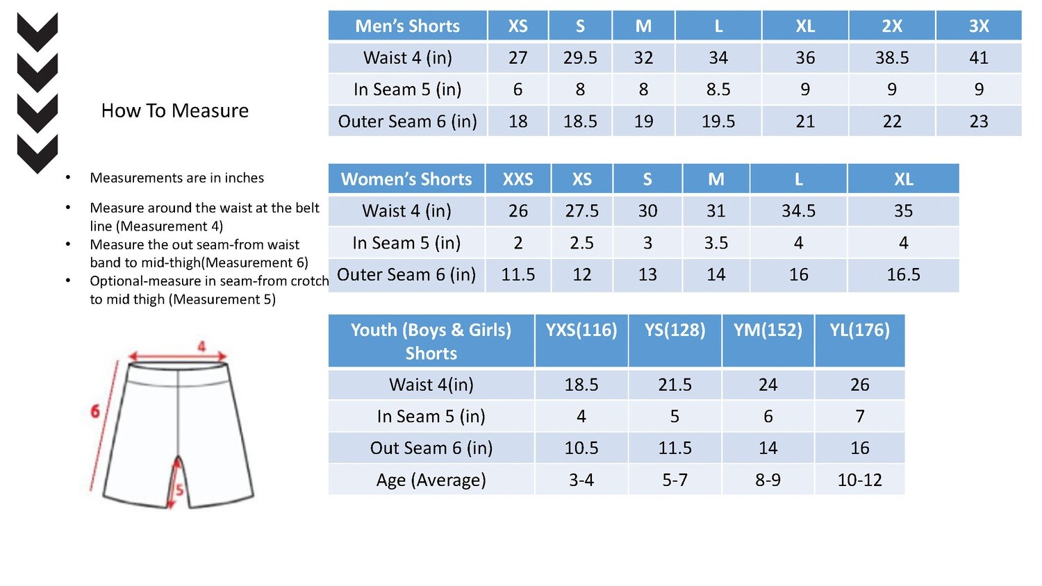 Size Chart: Hummel Game Shorts – Clubs – Kombat Soccer