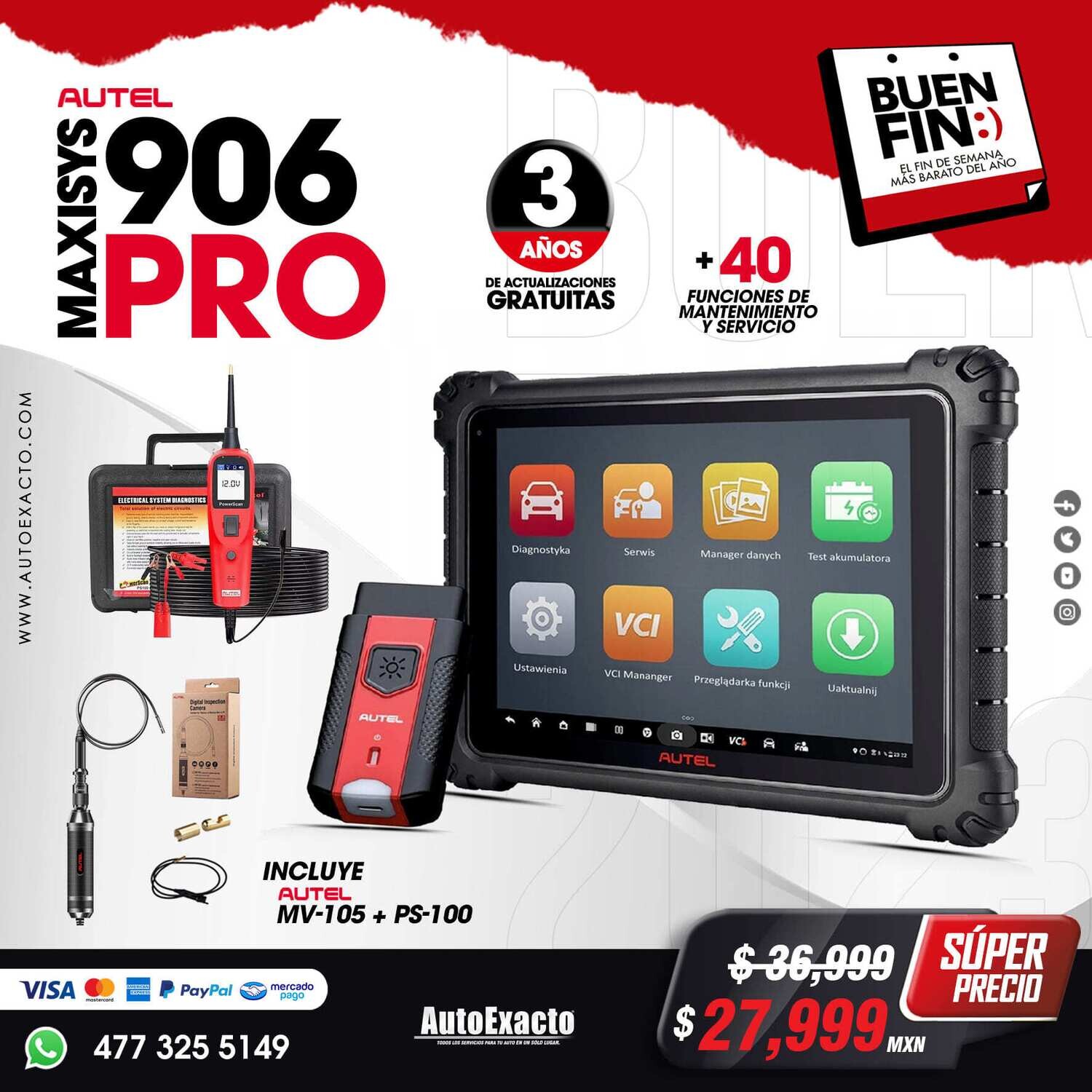 AUTEL MAXISYS 906 PRO + PS100 + MV105