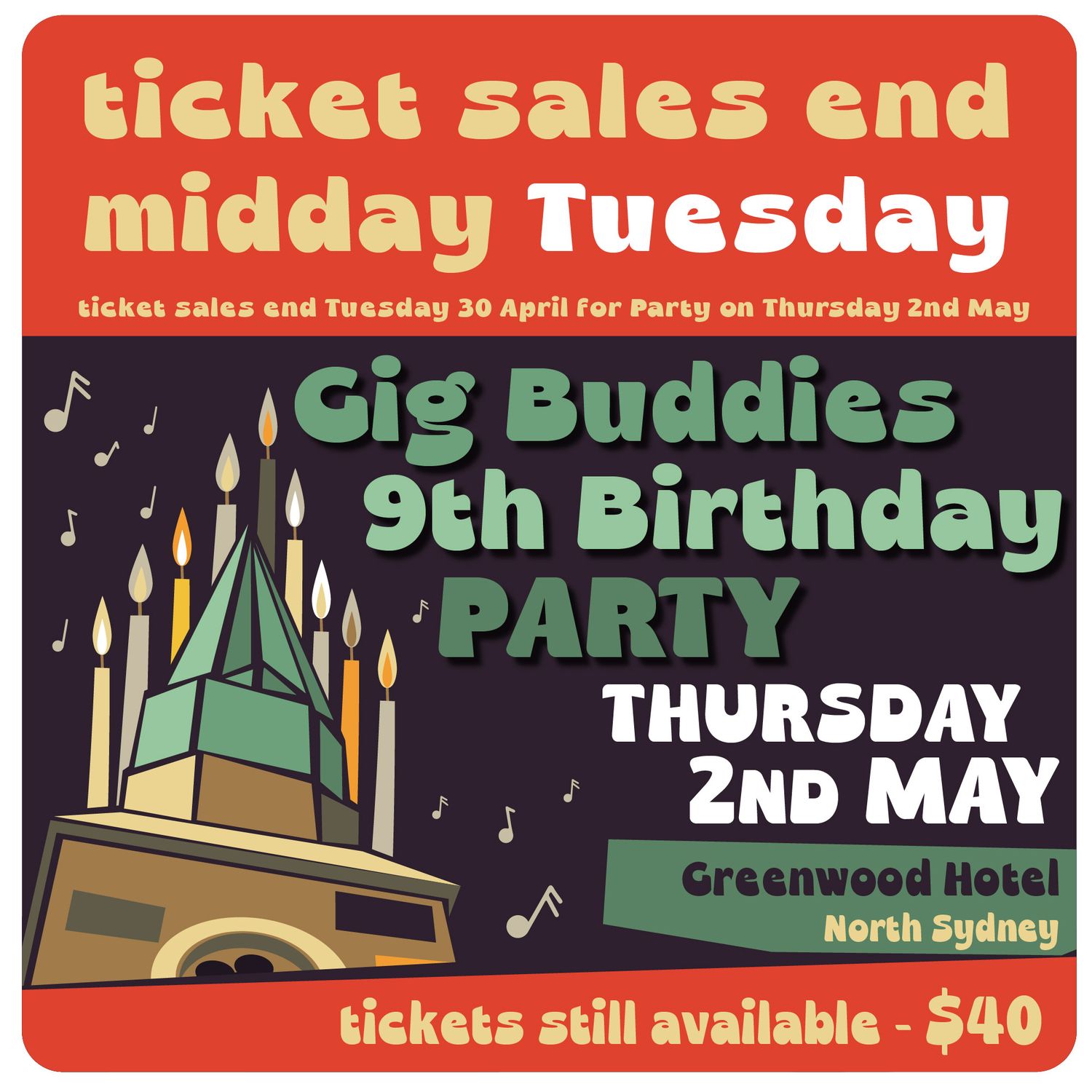 Gig Buddies 9th birthday @ Greenwood Hotel, North Sydney - Thursday 2 May