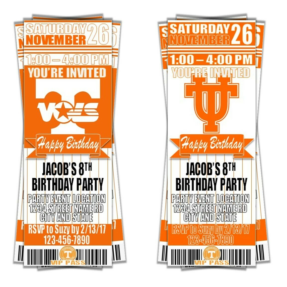 Tennessee Volunteers NCAA Birthday Ticket Invitation Tennessee Volunteers NCAA Birthday Ticket Invitation