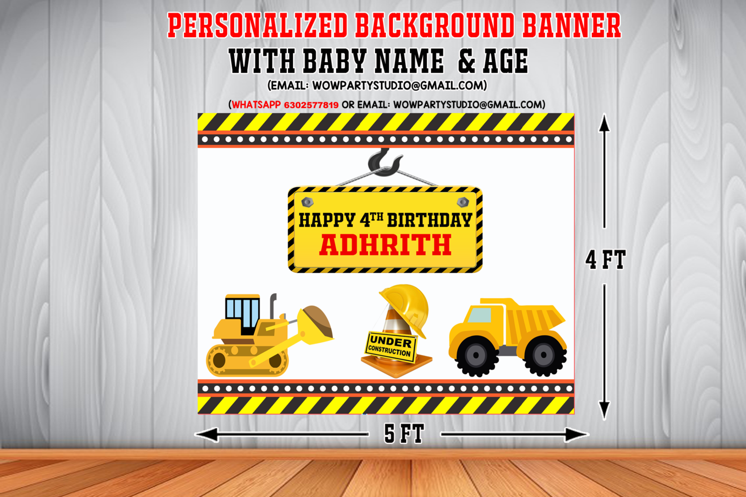 Personalized Construction Birthday Backdrop Banner (4ft x 5ft)