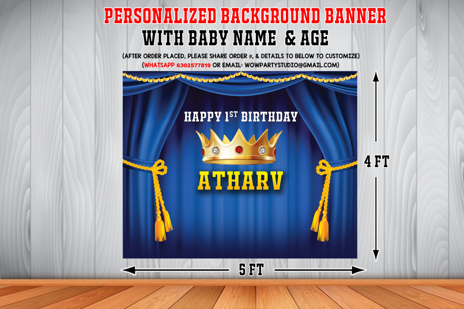 Personalized Royal Prince Theme Birthday Backdrop Banner (4ft x 5ft)