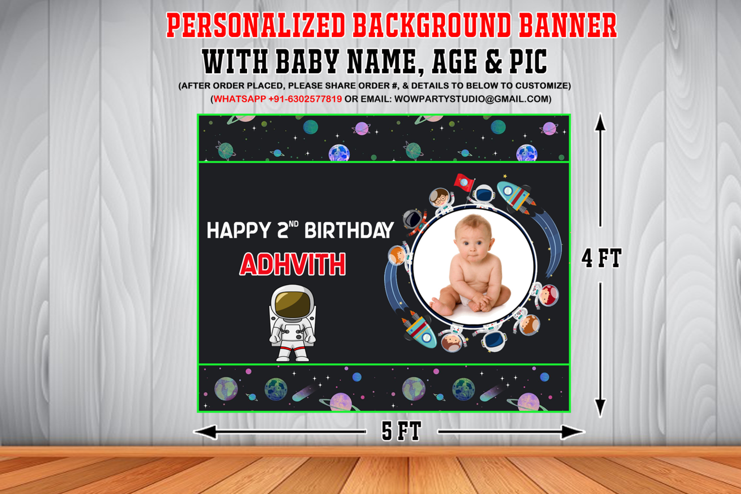 Personalized Space Birthday Backdrop Banner With Baby Picture (4ft x 5ft)