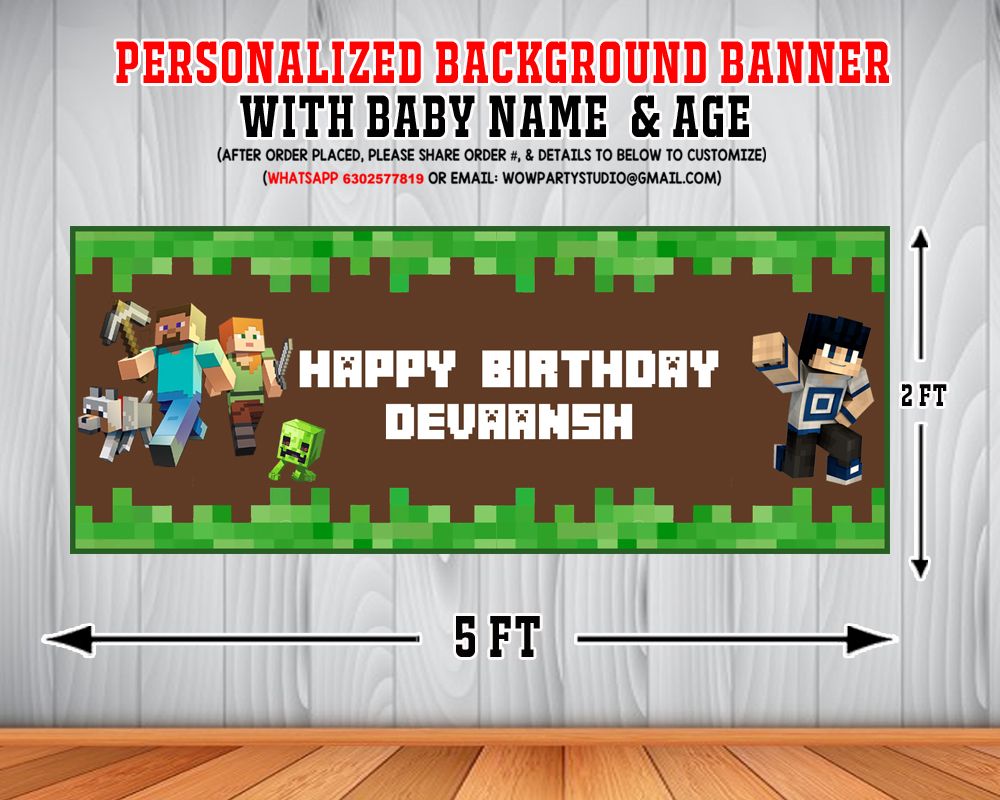Personalized Minecraft Birthday Backdrop Banner (2ft x 5ft)