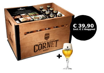 Houten bak met daarin 20 flesjes - 18 flesjes CORNET Oaked (33 cl) - 2 ...