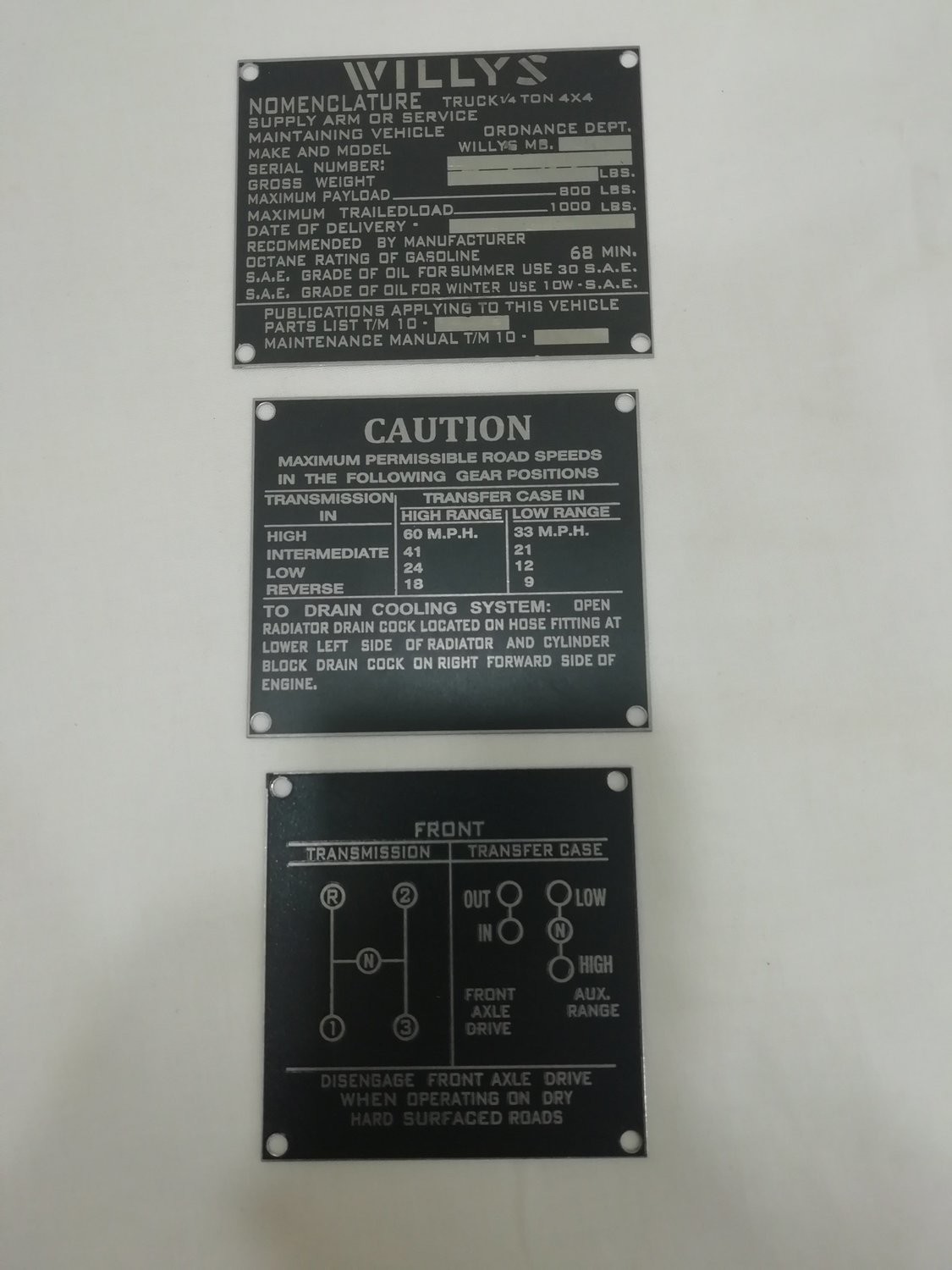 Zinc Data Plate Set - Willys MB