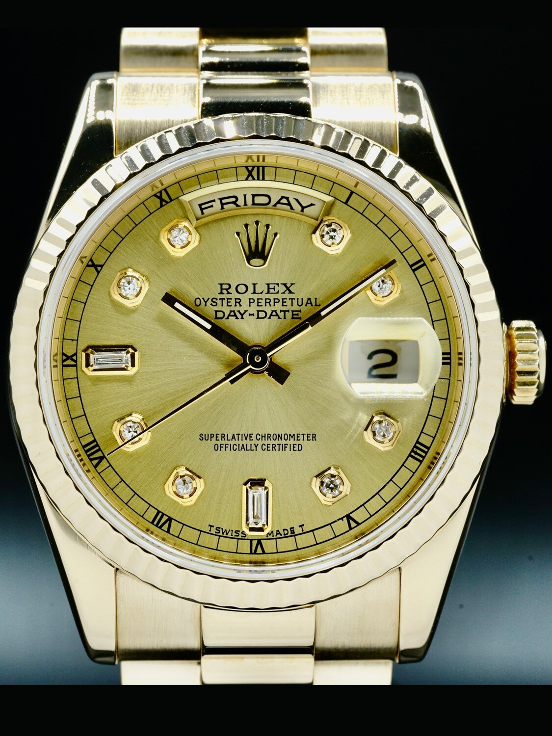 Rolex OP Day Date yellow gold case and bracelet Baguette Diamonds ...
