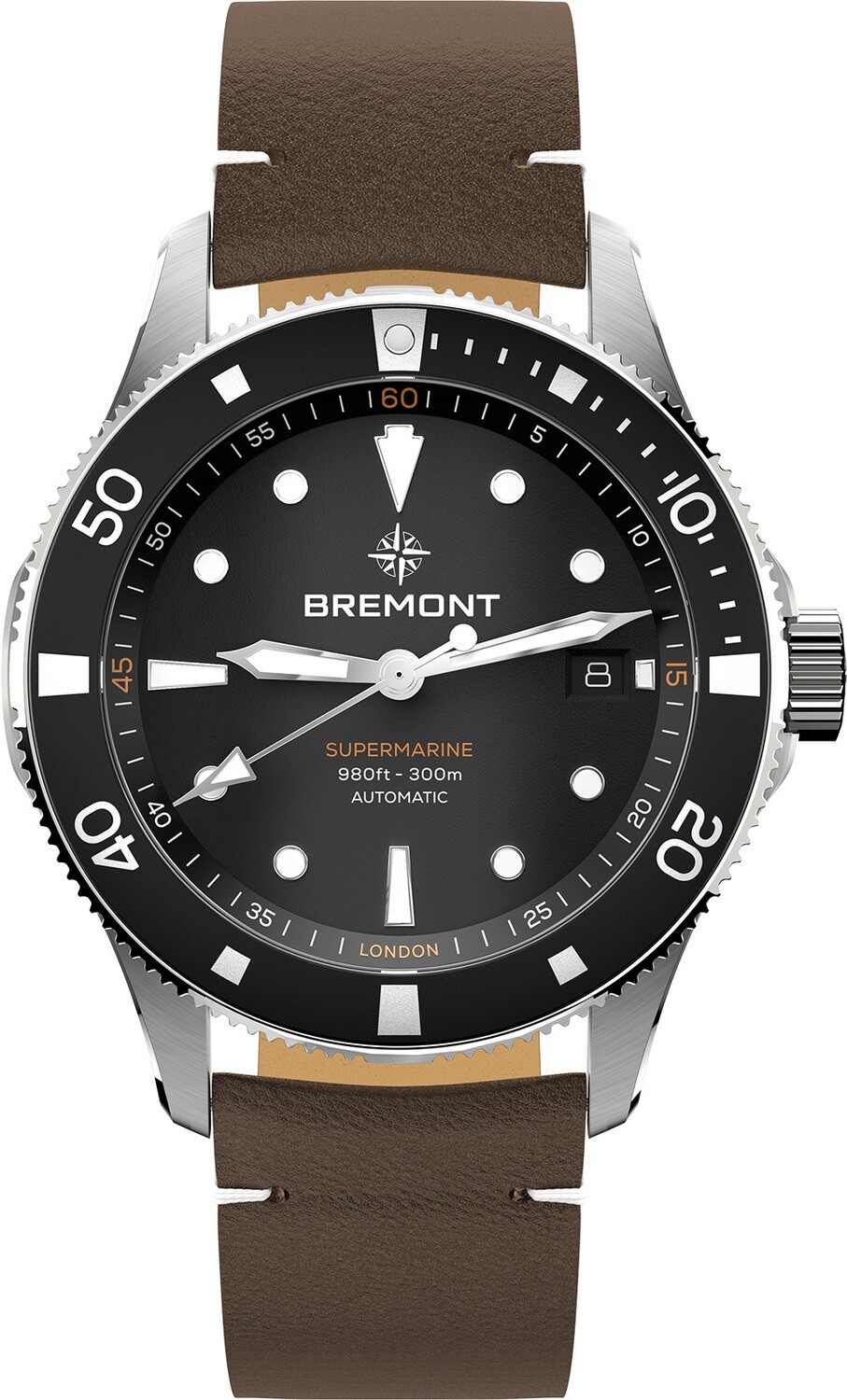 Bremont SM40-DT-SS-BK-L-S Supermarine 300 Date Black Dial on Leather Strap - Exquisite Timepieces