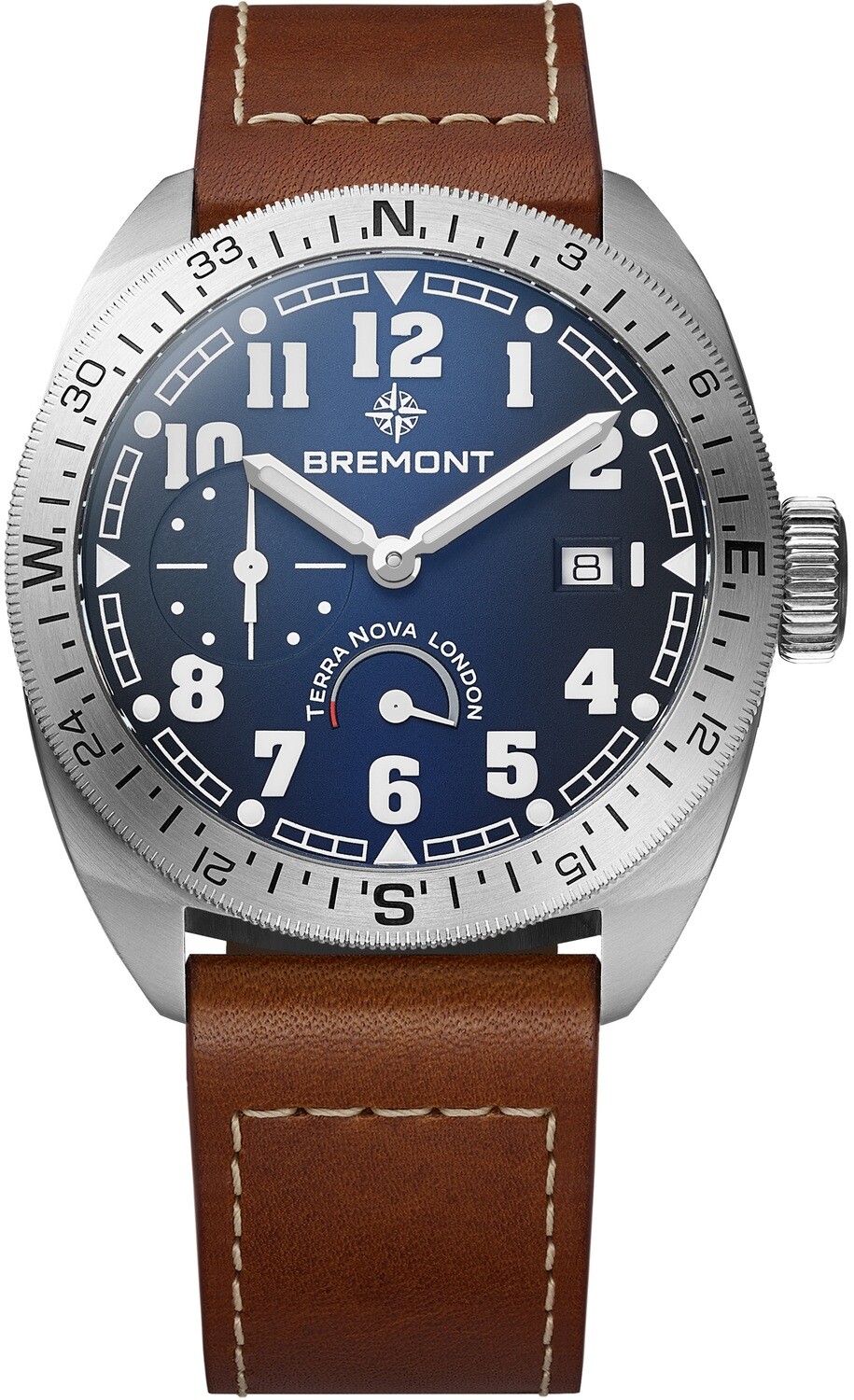 Bremont TN40-PWR-SS-BL-L-S Terra Nova 40.5 Blue Dial on Leather Strap ...