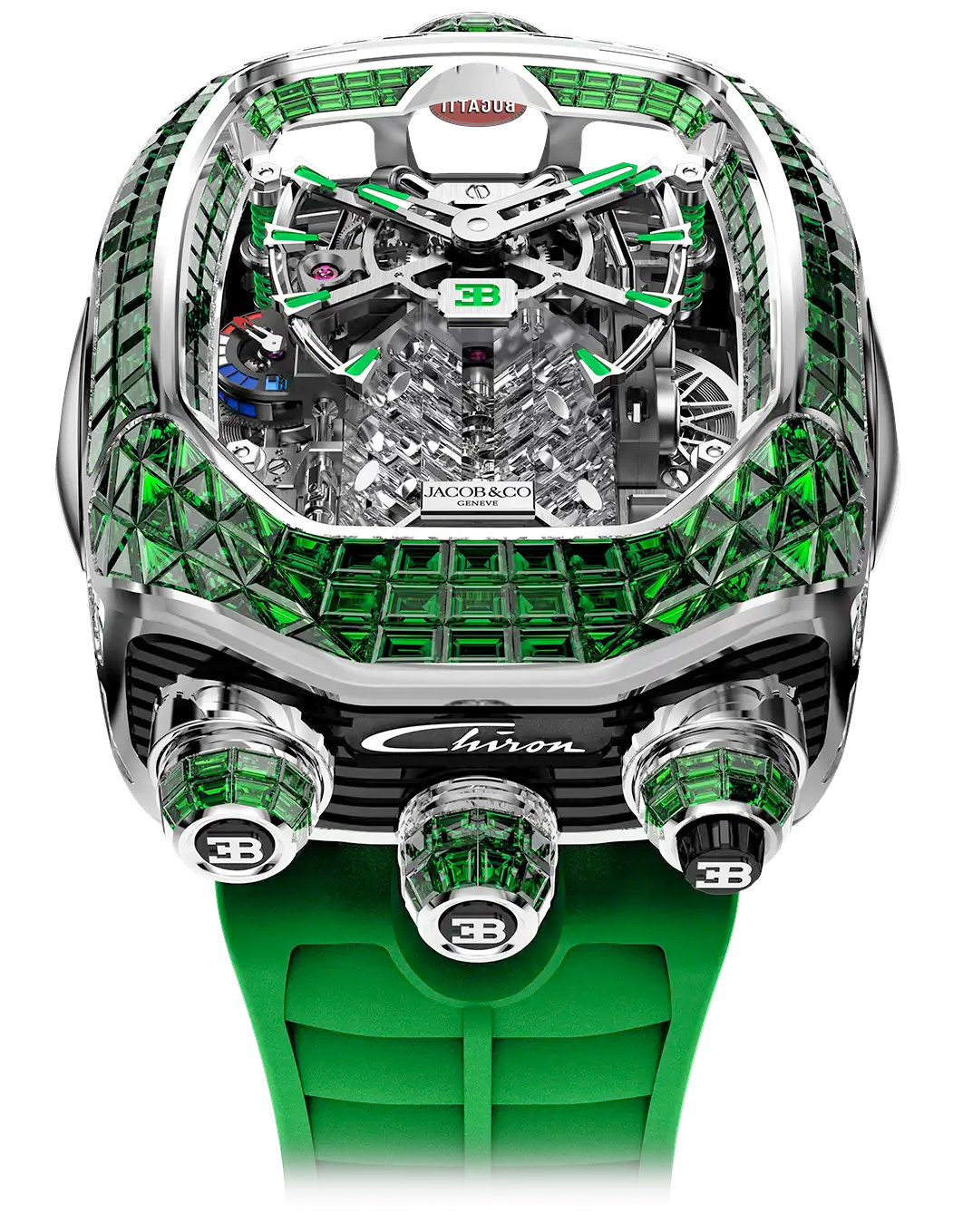 Jacob & Co. Bugatti Chiron Tourbillon Baguette White Gold Green on ...