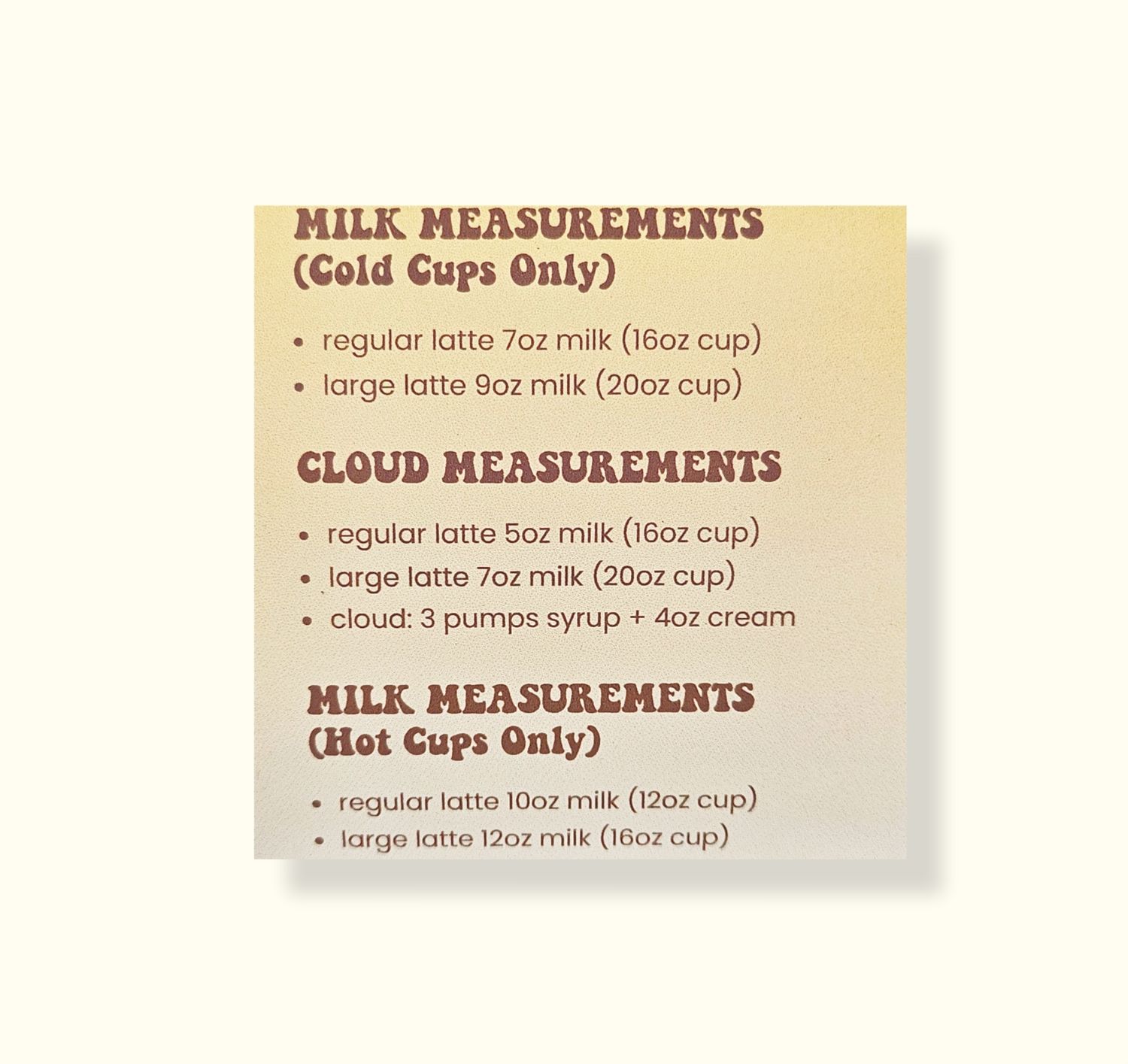 MILK/CLOUD MEASUREMENT CHEATSHEET (MAGNET) (ORDER PER UNIT)