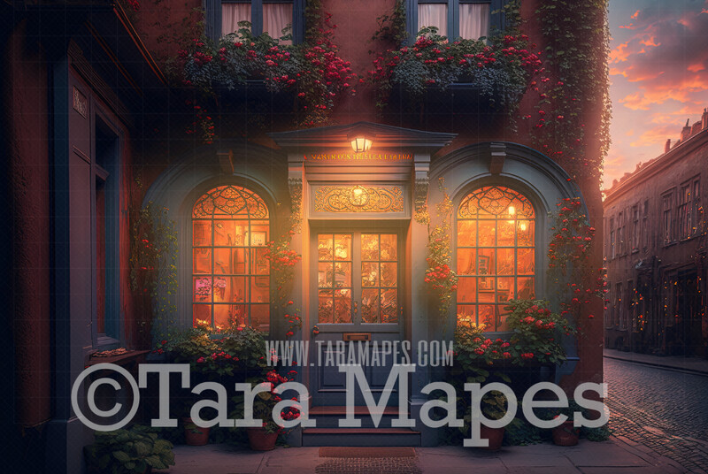 Warm Flower Shop Digital Backdrop - Cascading Flowers over Storefront ...