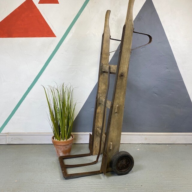 Antique Oak Vintage Sack Trolley Pull Cart Industrial