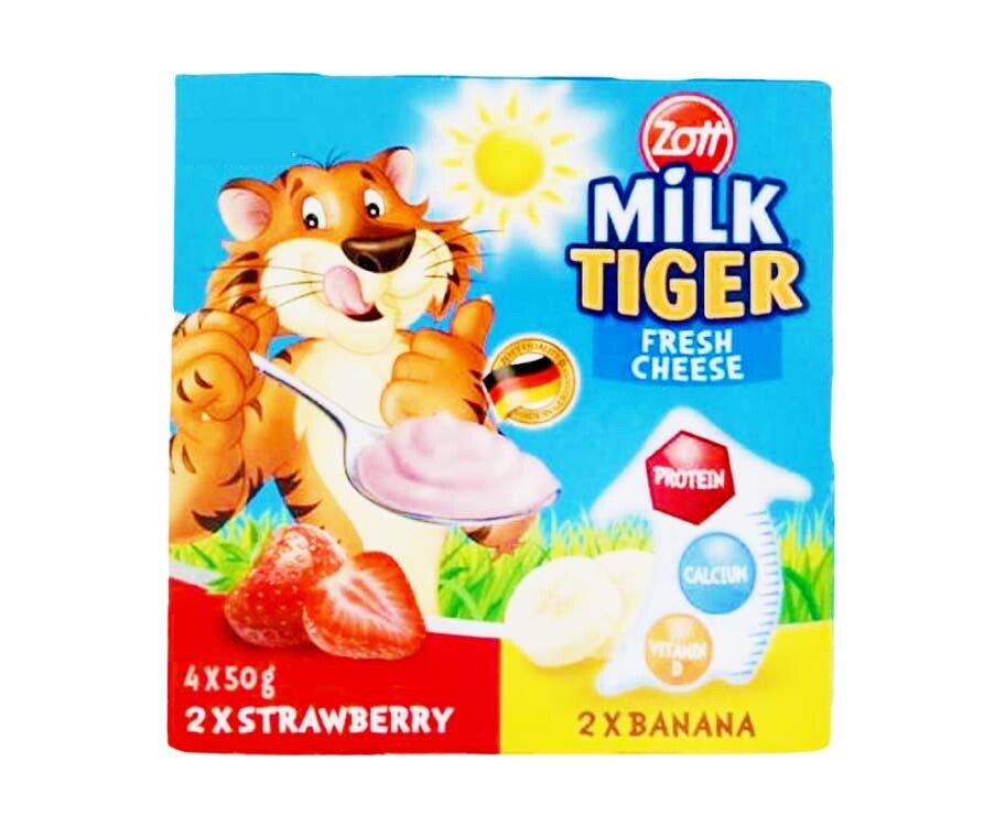 Zott Milk Tiger Fresh Cheese Strawberry Banana (4 Packs x 50g)