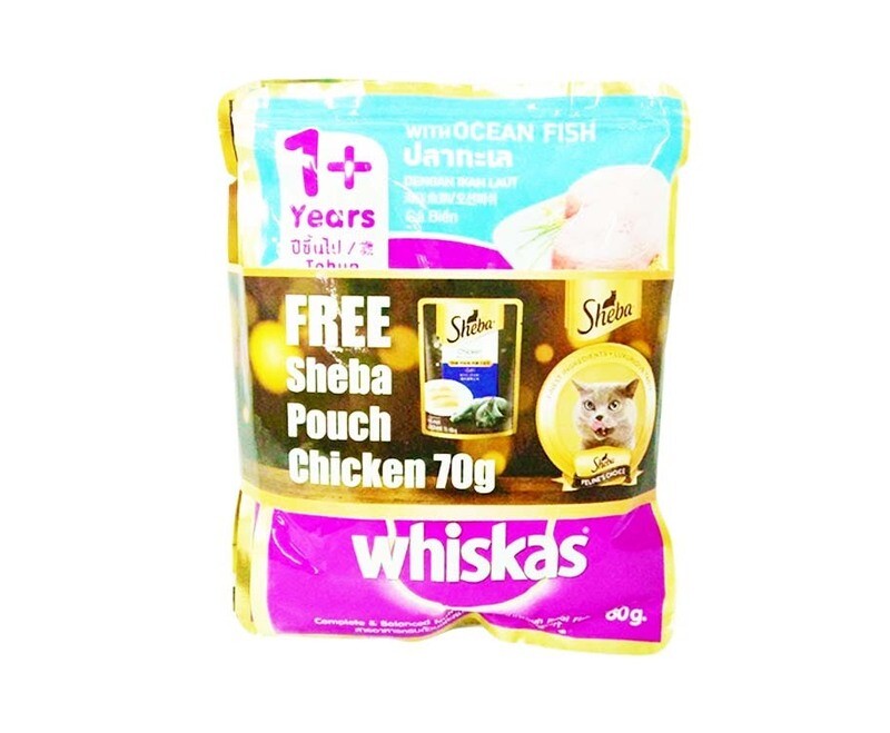 Whiskas Ocean Fish Flavor 1+ Years Pouch (2 Pouches x 80g) + Free Sheba Chicken Pouch 70g