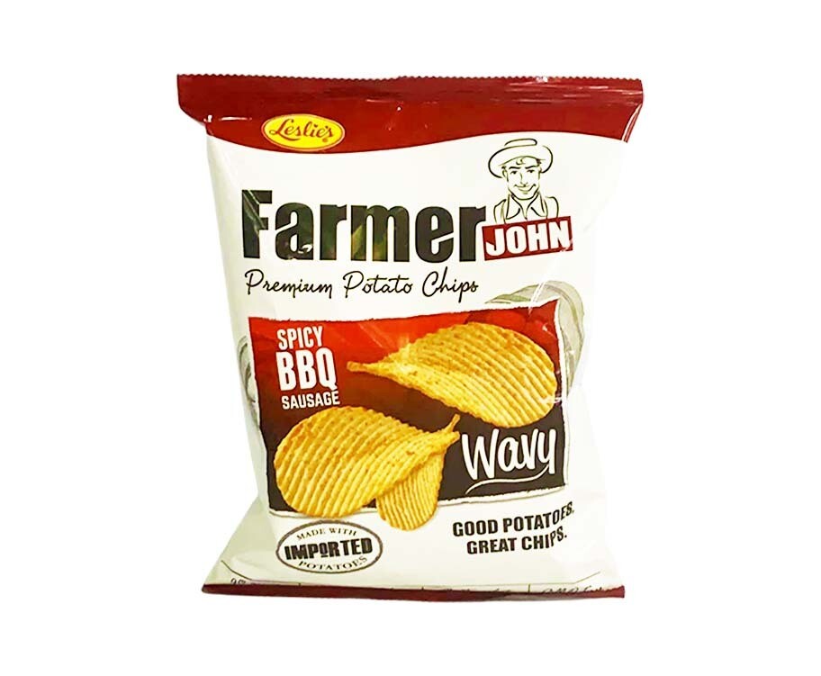 Leslie's Farmer John Premium Potato Chips Spicy BBQ Sausage Wavy 90g