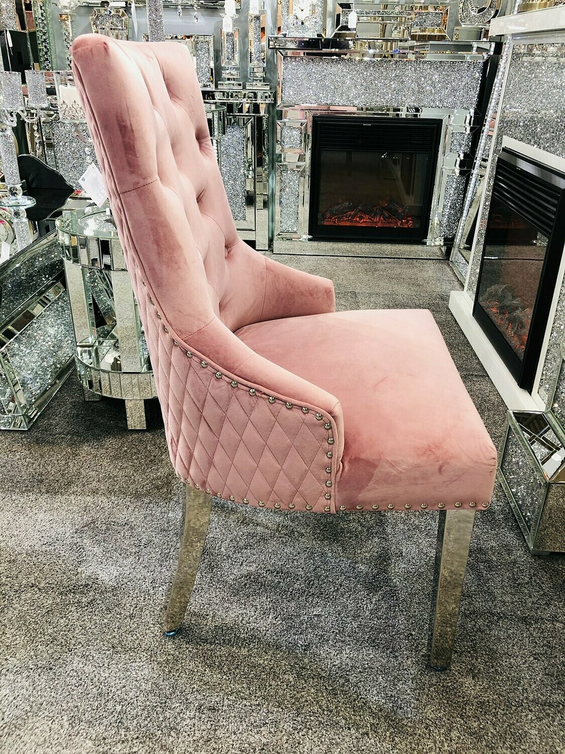 Avery Luxury Quilted Pink VELVET Chrome Leg Lion Knocker Dining Chair