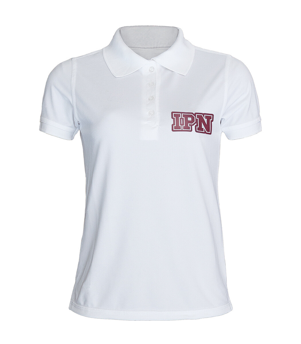 PLAYERA BLANCA TIPO POLO PARA DAMA DRY FIT INSTITUCIONAL ESCUDO IPN