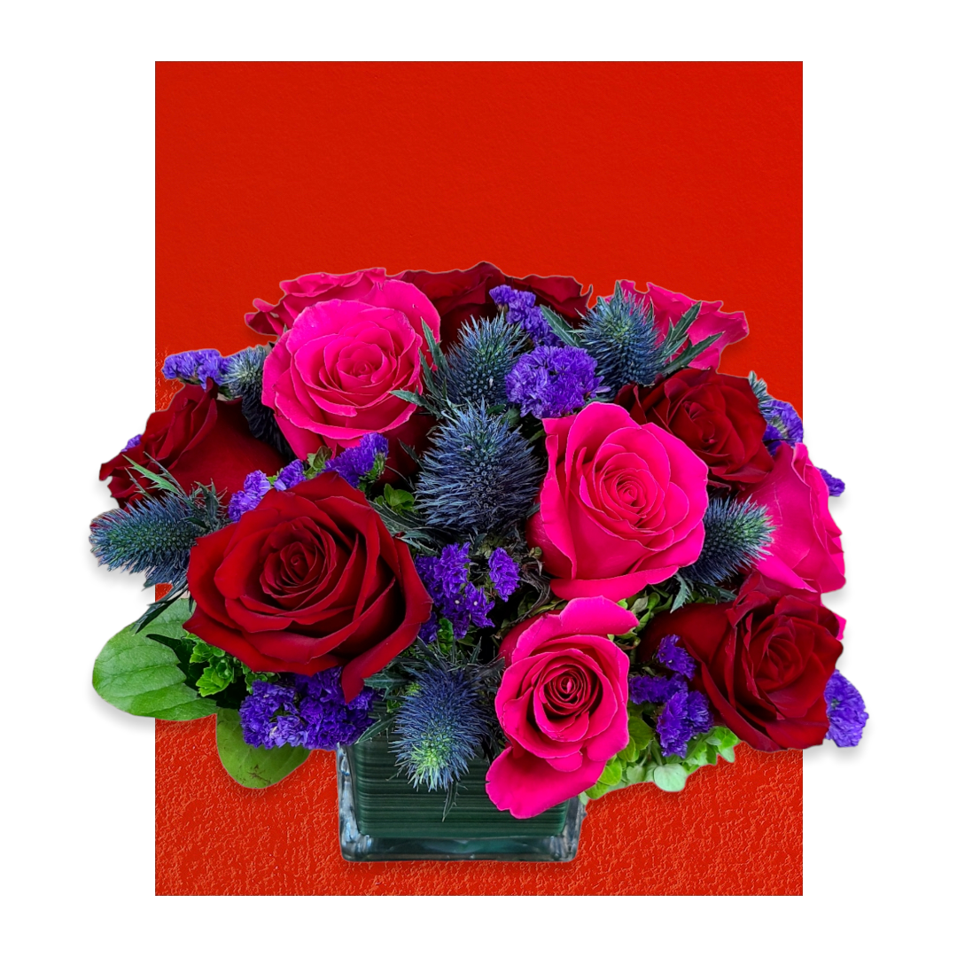 Blue And Red Roses Bouquet Of Violets