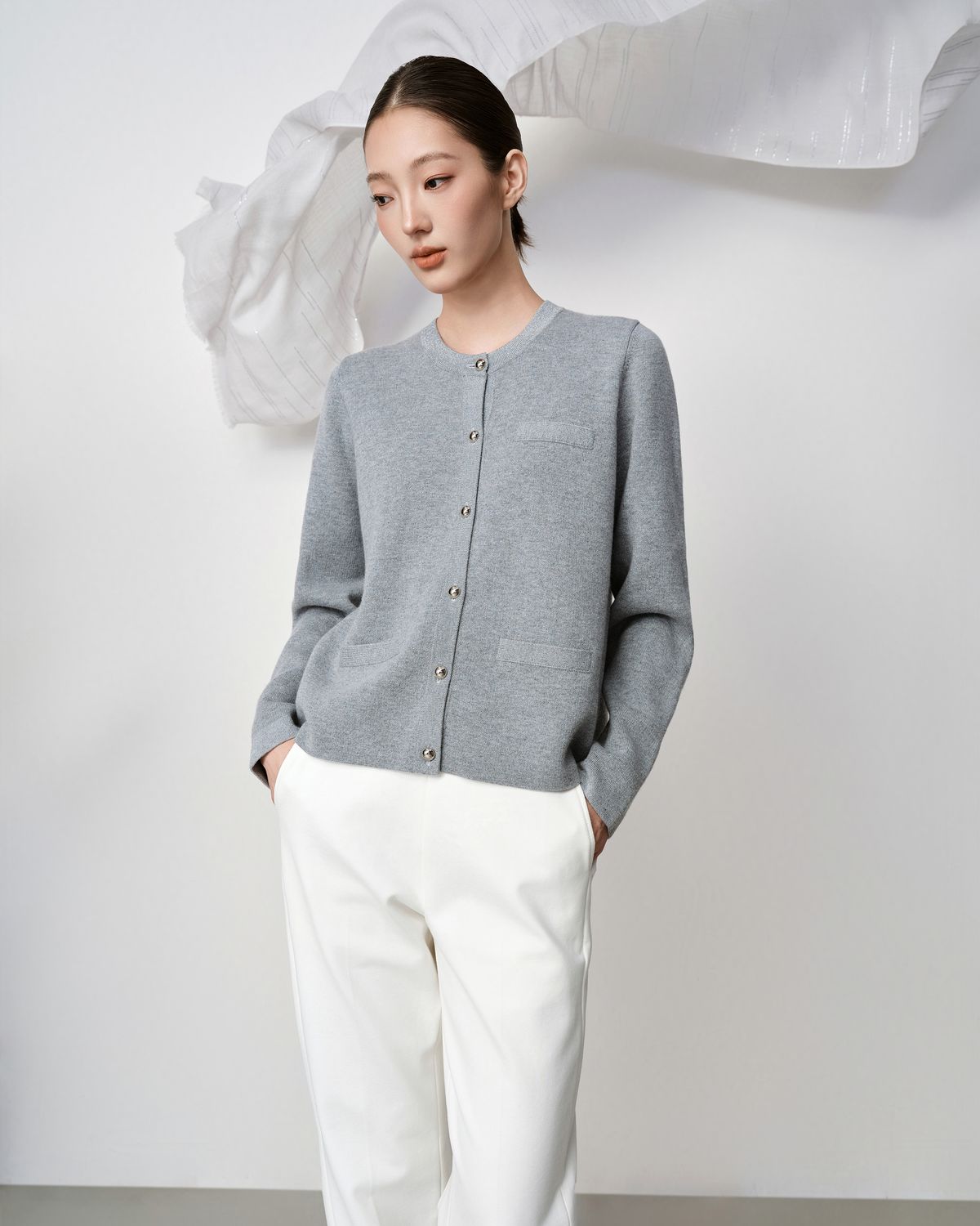 METALLIC TRIM KNITTED JACKET - MHG / SILVER