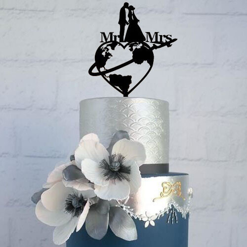 Travel world map Wedding cake topper with Mr & Mrs, world map cake topper