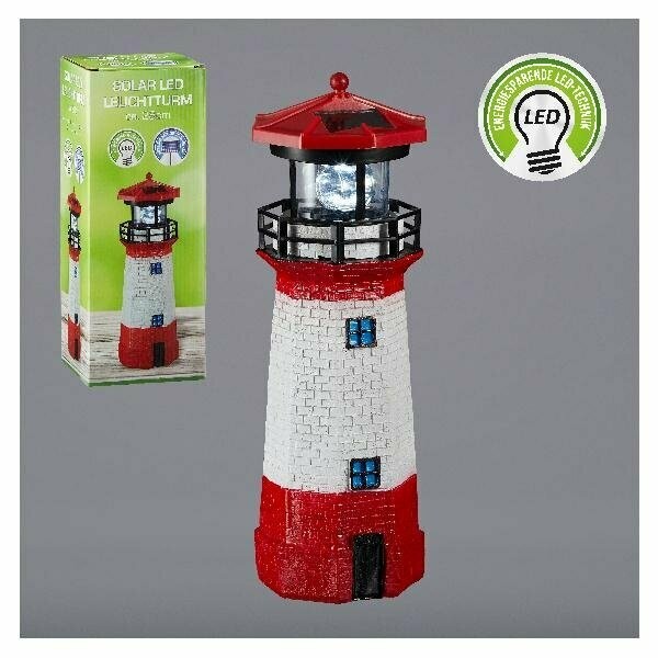 Solar LED Leuchtturm 27 cm rot-weiß mit rotierendem Licht