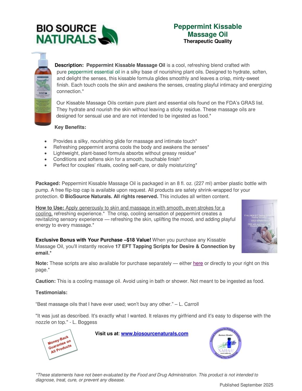 Download Peppermint Kissable Massage Oil Product Bulletin | Store - Bio Source Naturals