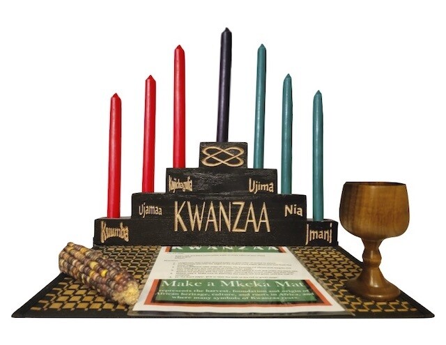 Umoja Symbol Kwanzaa Kinara Set Engraved with Principles