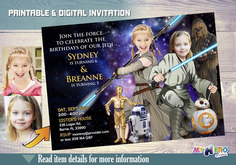 Star Wars Sisters Birthday Invitation. Joint Jedi Rey party invitation.