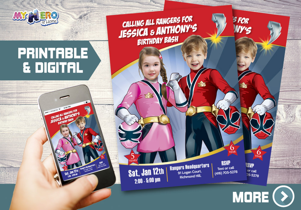 Joint Power Rangers Invitation. Power Rangers siblings invitation