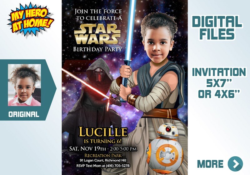 Jedi Rey Photo Invitation. Jedi Rey Party ideas. Jedi Rey Invitation