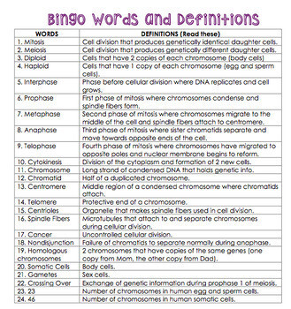 Cell Division Bingo Vocabulary Review Game - Store - Science Lessons ...