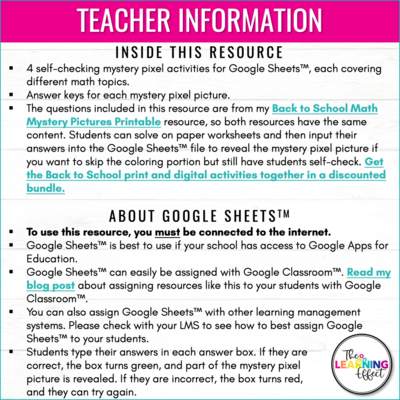 Back to School Math Activities Digital Mystery Pixel Art Google Sheets ...