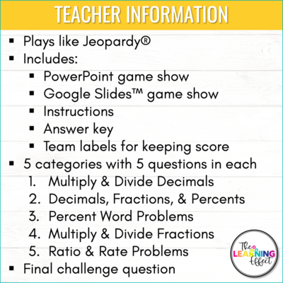 6th Grade Math Spiral Review #1 Game Show | End of Year Test Prep Activity