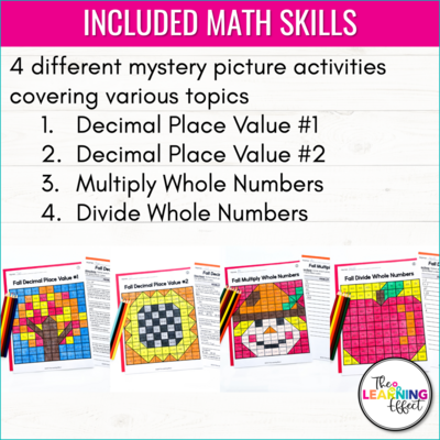 Fall Math Activities Mystery Picture Worksheets | Decimals Multiplication