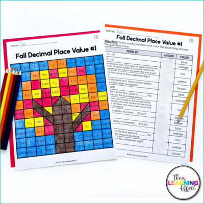 Fall Math Activities Mystery Picture Worksheets | Decimals Multiplication